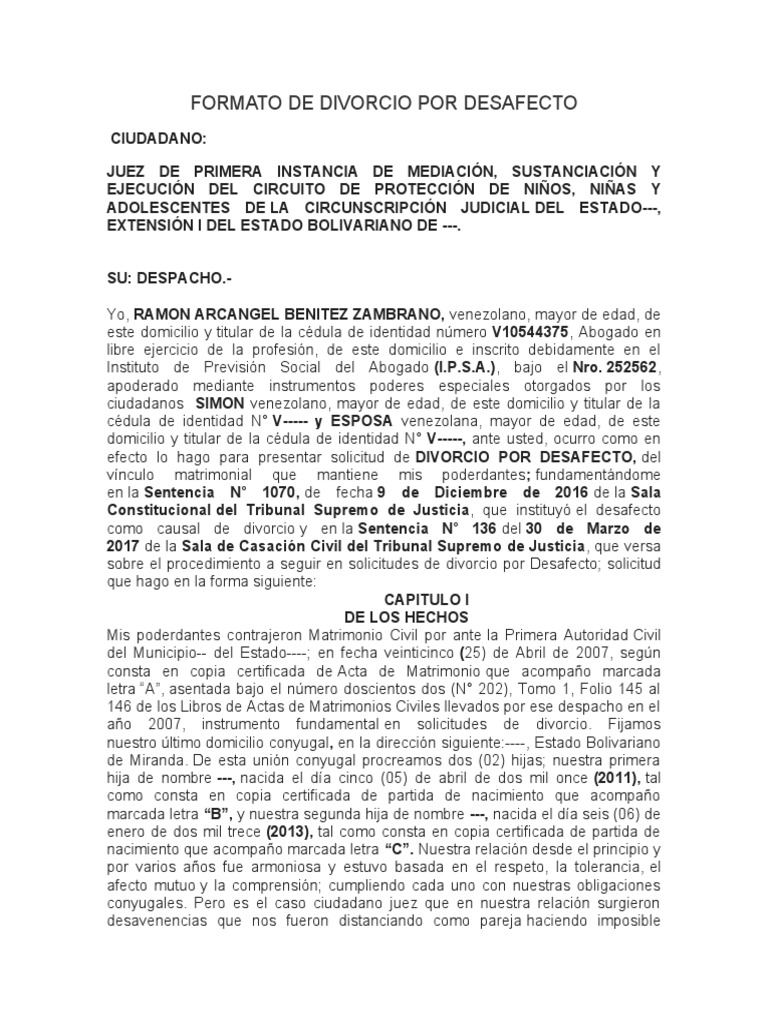 Formato de Divorcio Por Desafecto Con Hijos Simon | PDF | Divorcio ...