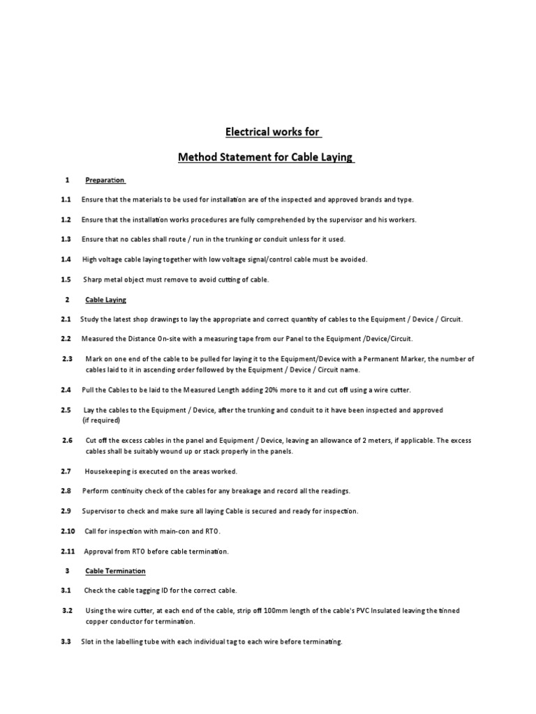METHOD STATEMENT - Cable Laying | PDF | Wire | Components