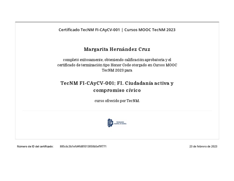 Certificado Tecnm Fi Caycv 001 Cursos Mooc Tecnm 2023 Pdf