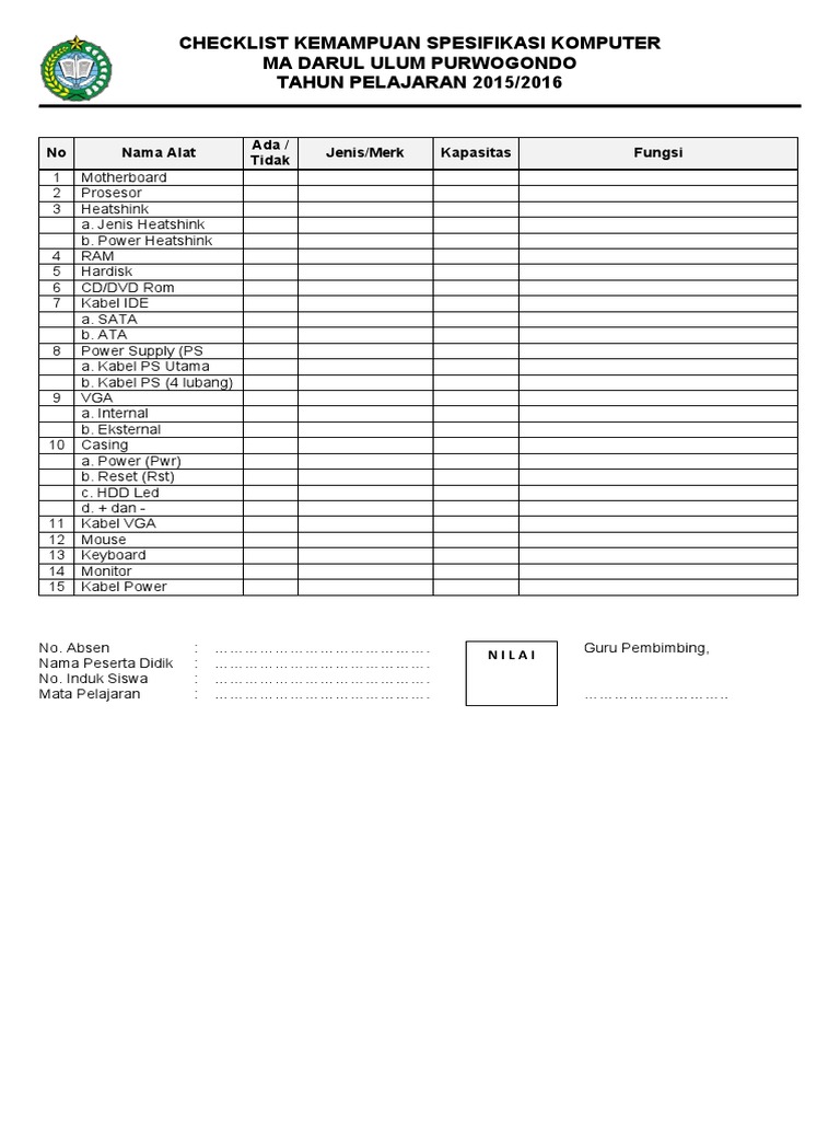 Checklist Spesifikasi Komputer | PDF | Komputer