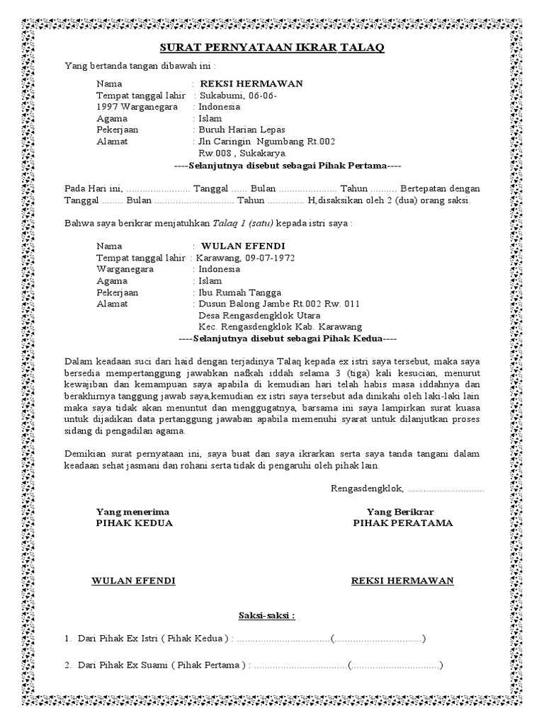 Surat Pernyataan Talaq | PDF | Hukum
