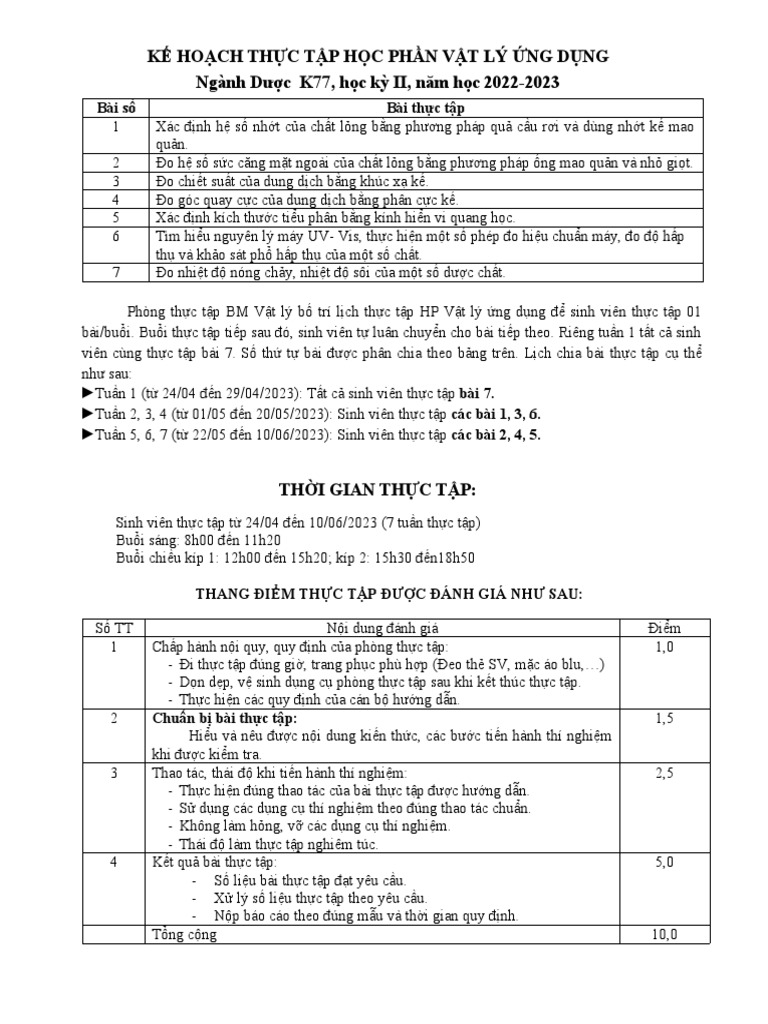 Kế hoạch thực tập VLUD k77 HK222 23 | PDF