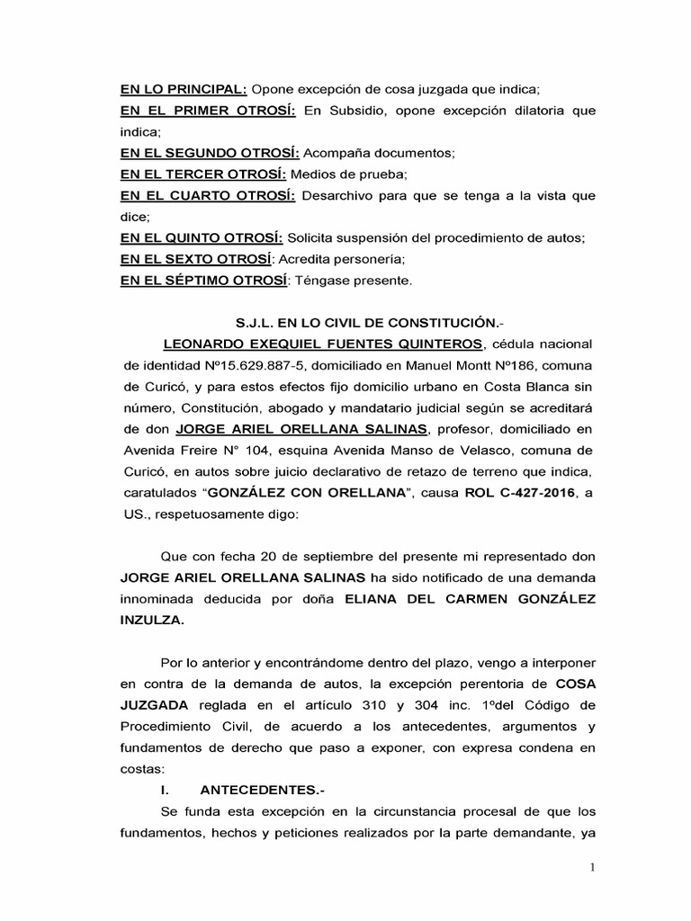 Excepción Cosa Juzgada | PDF | Demanda judicial | Sentencia (ley)