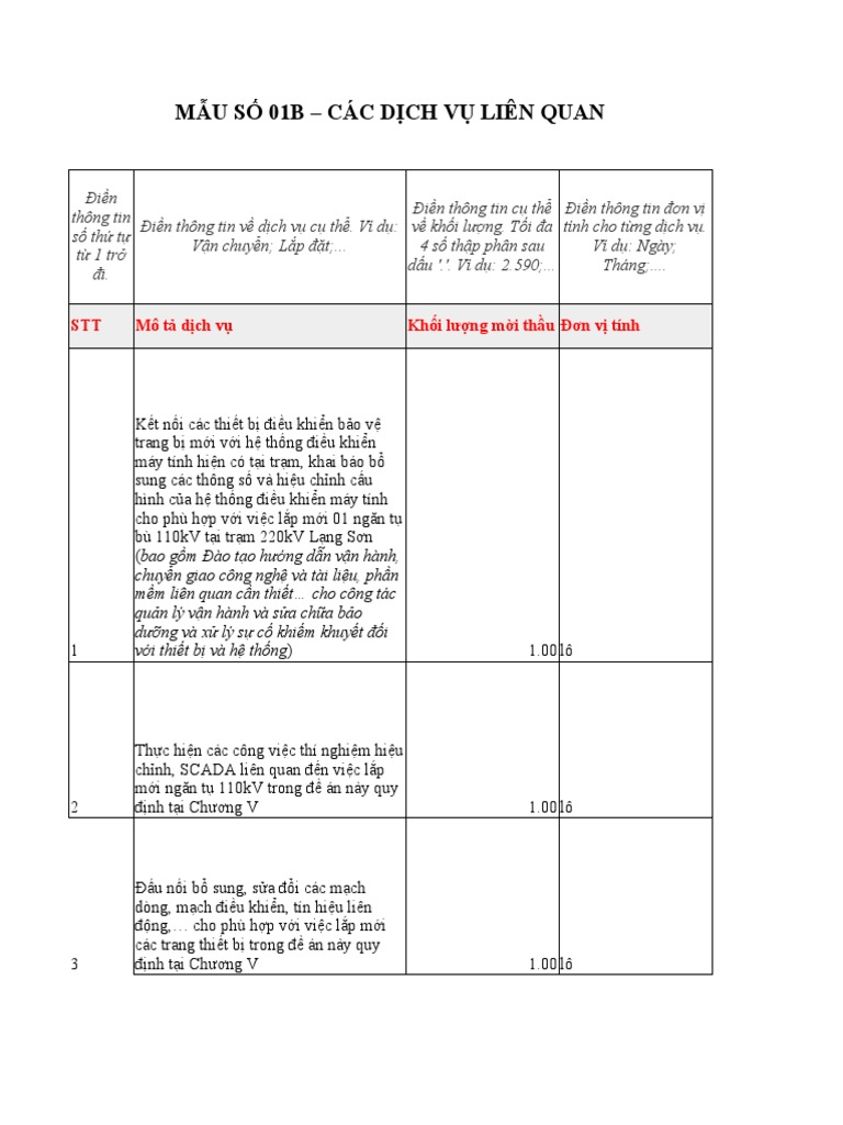 Mẫu số 01B - Các dịch vụ liên quan | PDF