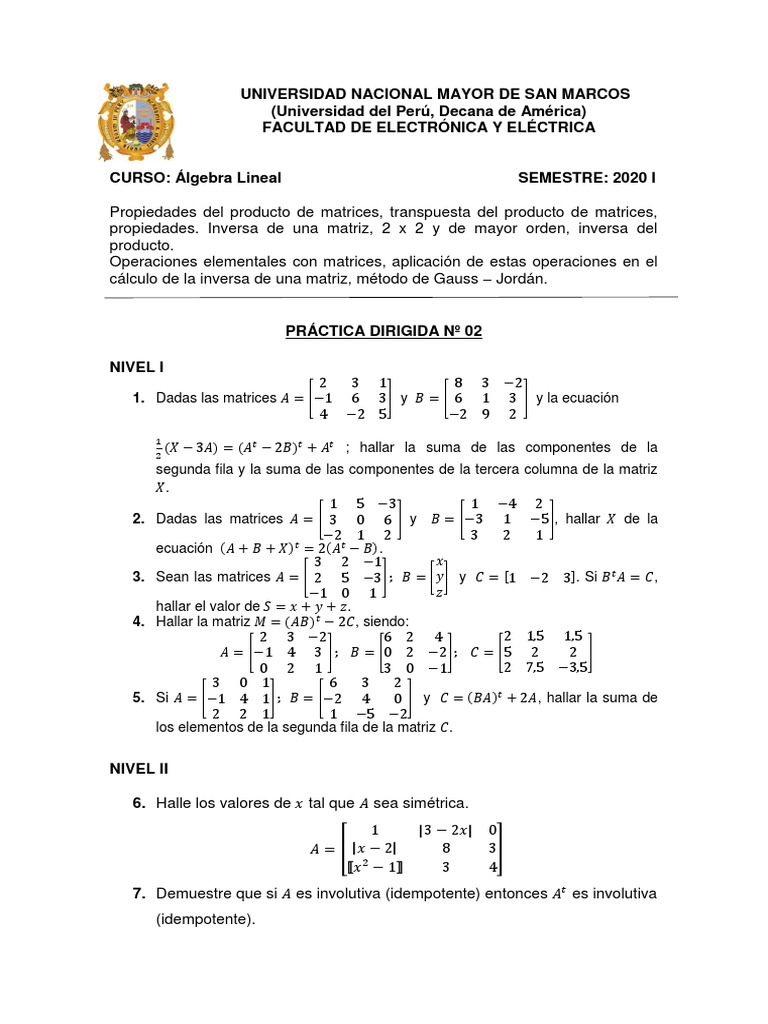 Práctica Dirigida 02 - Producto de Matrices PDF | PDF | Matriz (Matemáticas) | Teoría de la matriz