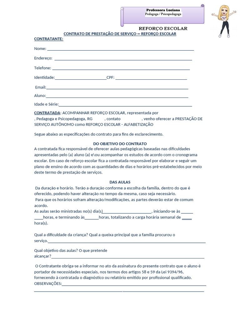 Contrato de Prestacao de Servico - Reforco Escolar | PDF | Pedagogia | Férias trabalhistas