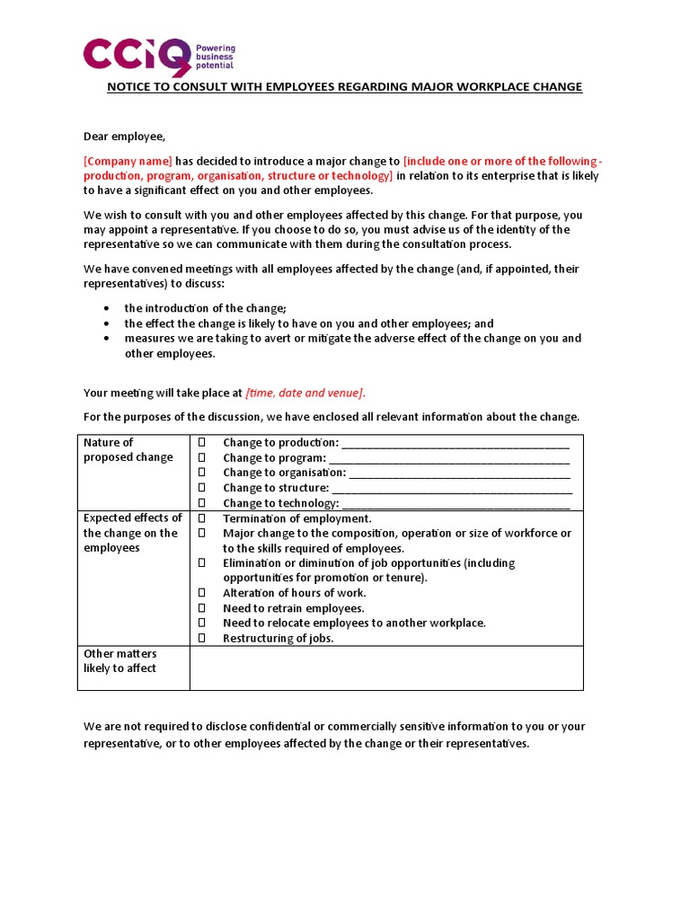 Letter Notice To Consult With Employees Regarding Major Workplace ...
