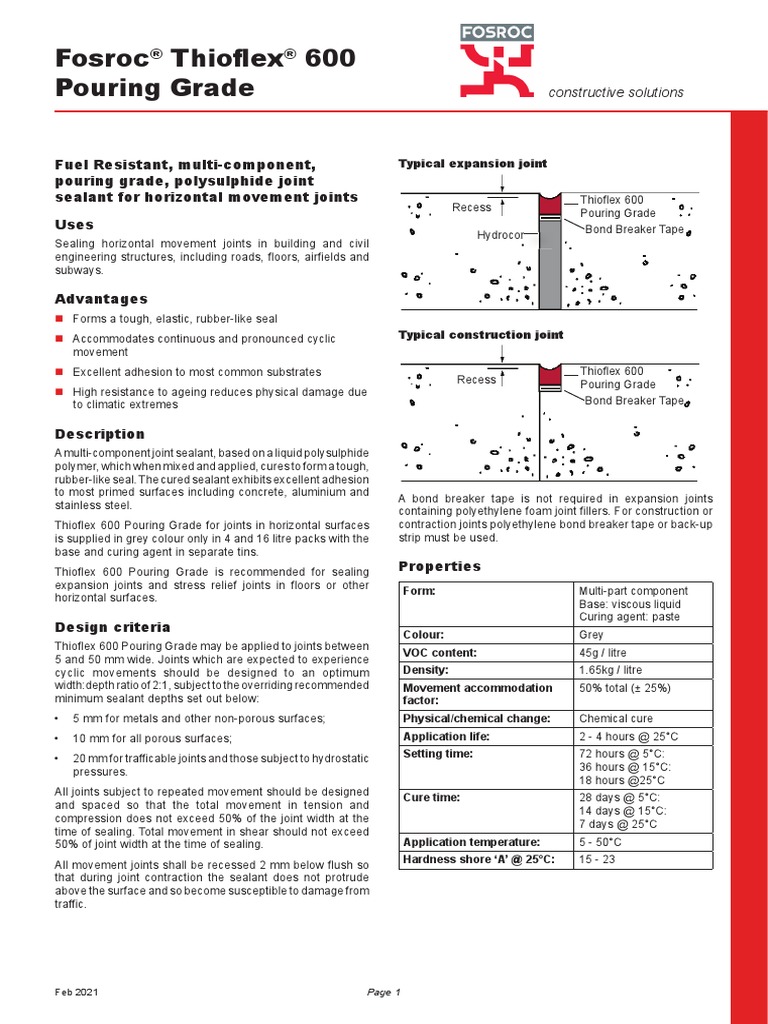 Fosroc Thioflex 600 | PDF | Concrete | Chemistry