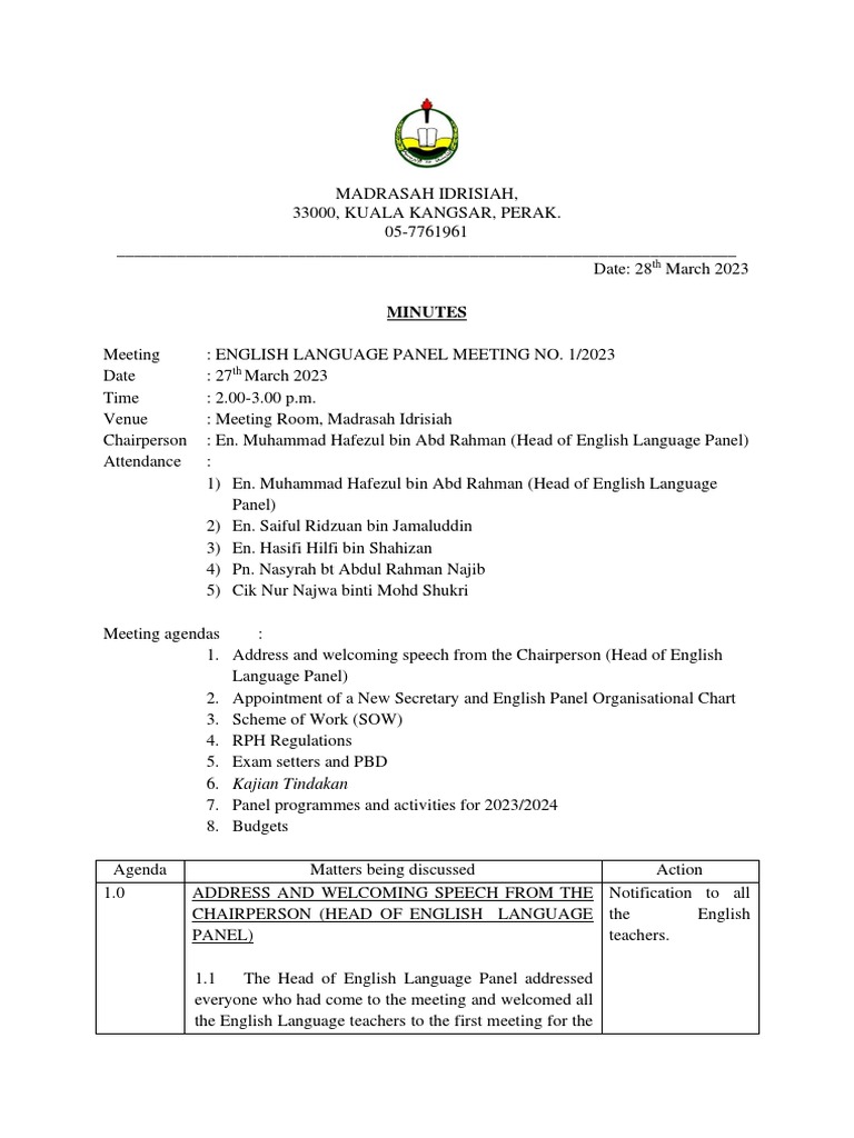 MINUTES OF MEETING 1.0 ENGLISH LANGUAGE PANEL .pdf | PDF | Malaysia