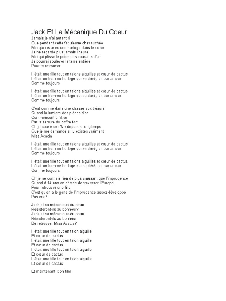 Jack et la Mécanique du Cœur : Chanson | PDF