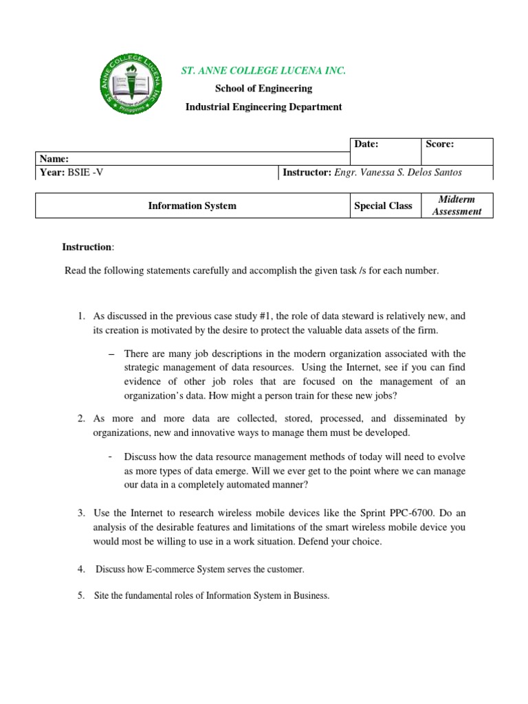 Information System Midterm Assessment | PDF