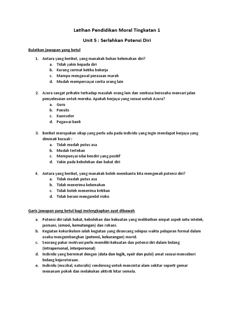 Latihan Unit 5 Pendidikan Moral F1 | PDF
