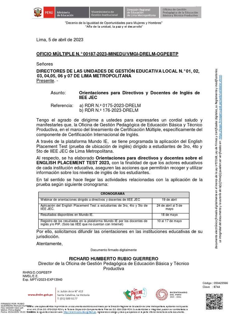 Oficio Múltiple N.° 00187-2023-Minedu-Vmgi-Drelm-Ogpebtp Exp 13940-2023 ...