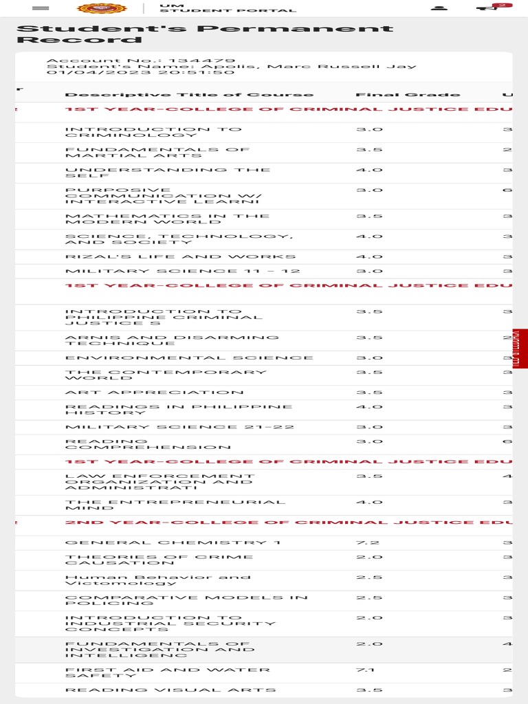 Student's Permanent Record - UM STUDENT PORTAL TA PDF | Download Free ...