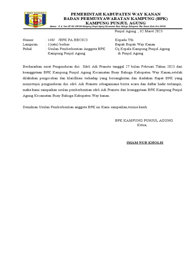 Contoh Surat Pengunduran Diri BPK | PDF