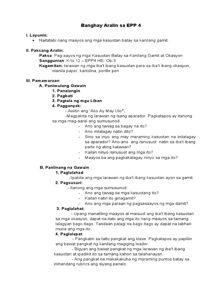 Banghay Aralin Sa EPP 4 COT 1 | PDF