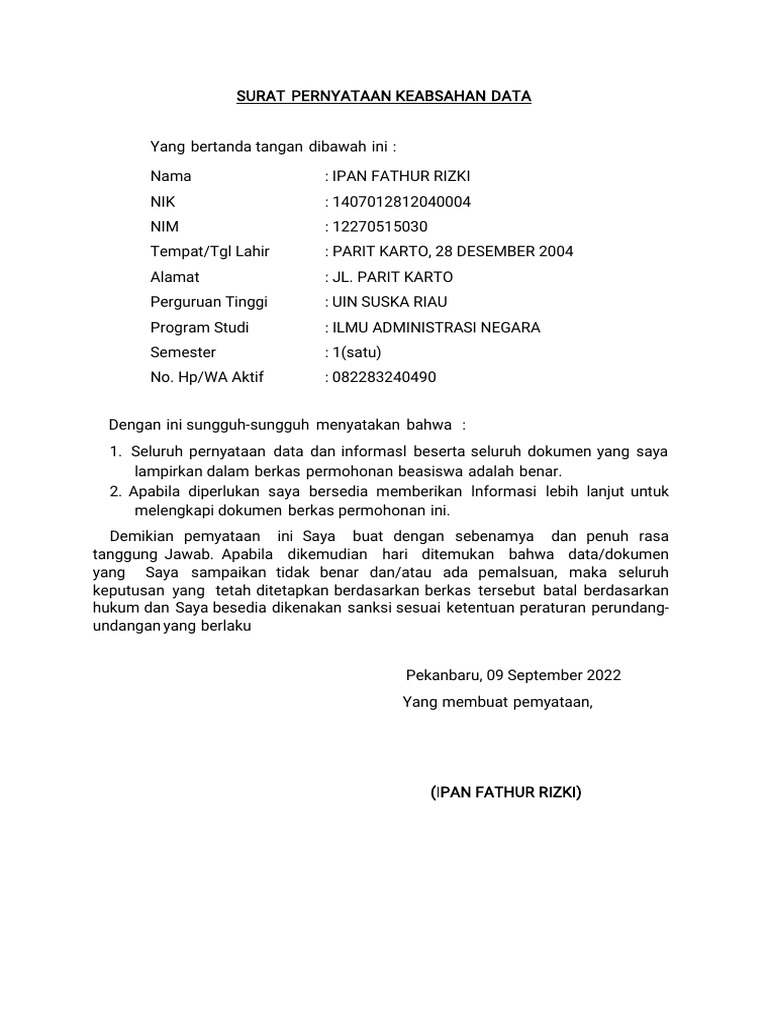 SURAT PERNYATAAN KEABSAHAN DATA Kip-K | PDF