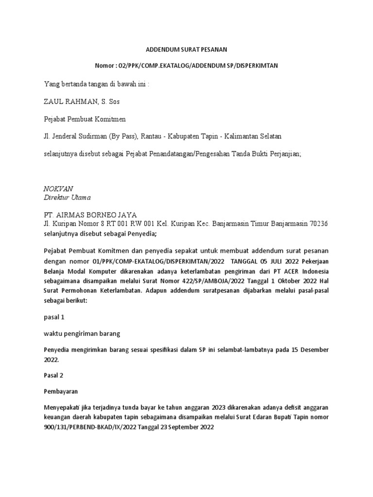 ADDENDUM SURAT PESANAN Revisi Alamt | PDF