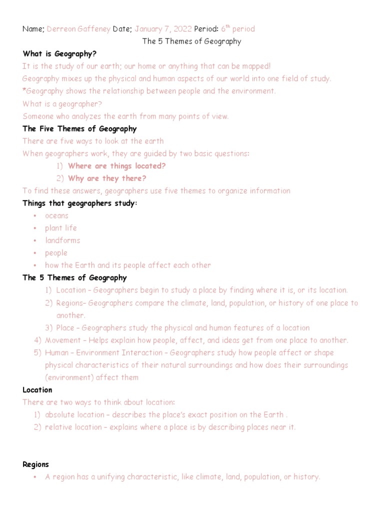 5 Themes Notes | PDF | Geography | Natural Environment
