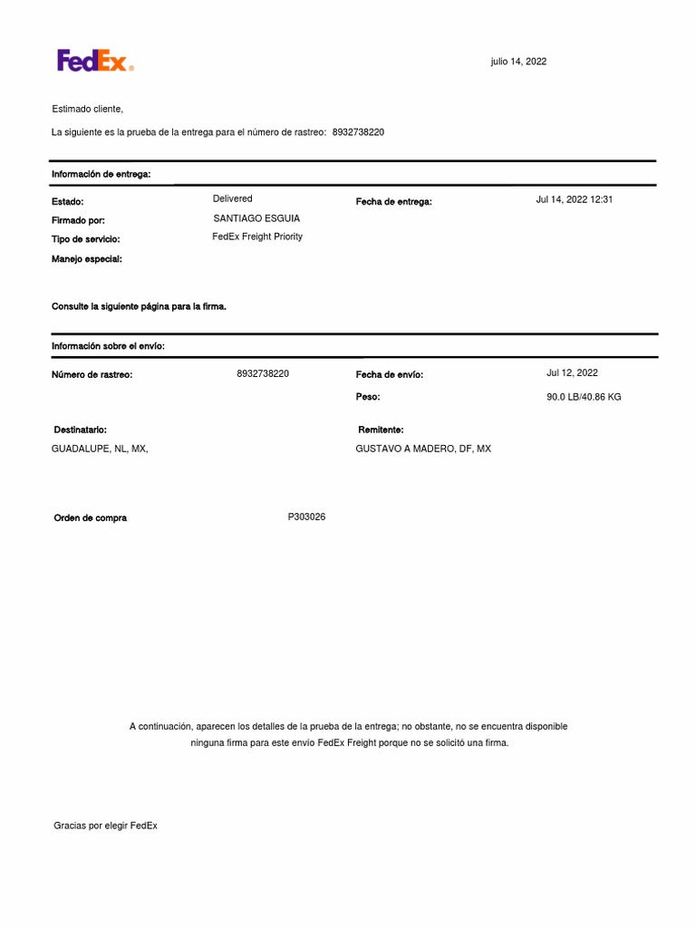 Comprobante de Entrega Fedex 8932738220 | PDF