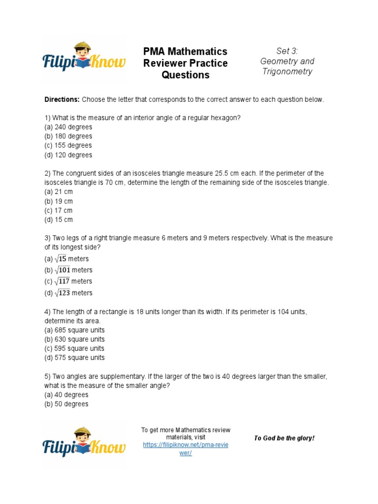 PMA Mathematics Reviewer Set 3 Practice Questions | PDF | Triangle | Area