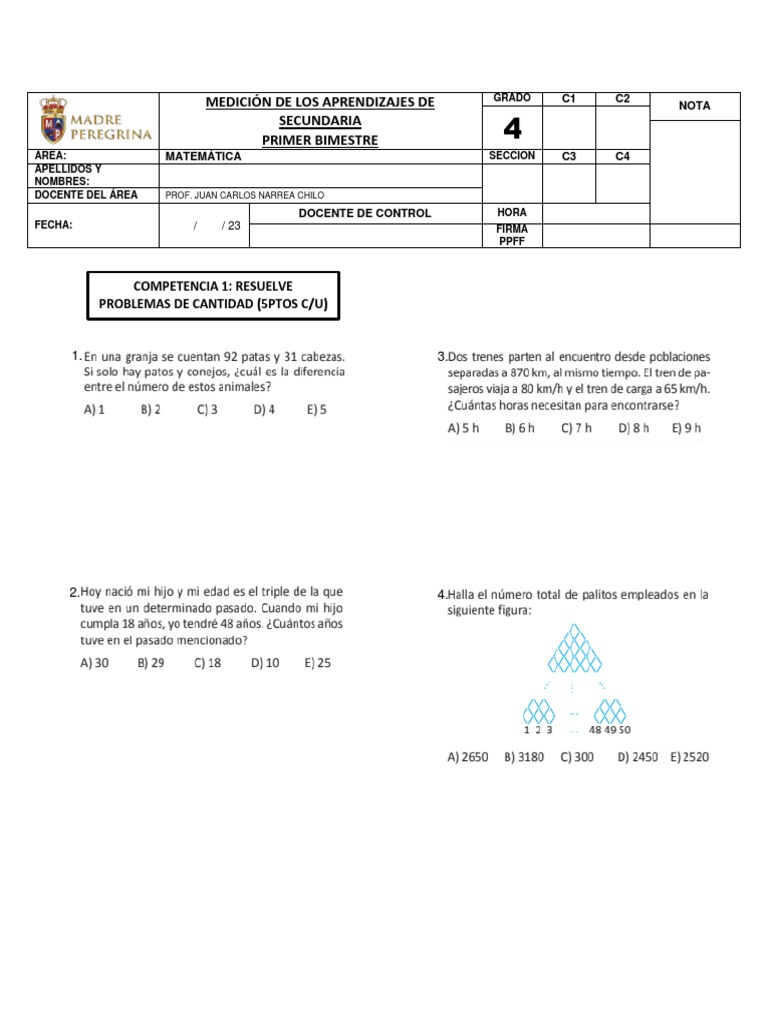 Reporte de calificaciones del primer bimestre de Matemática para el ...