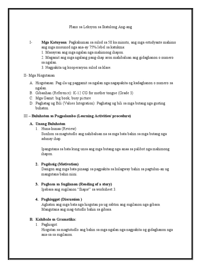 Plano Sa Leksyon Sa Ikatulong Ang | PDF
