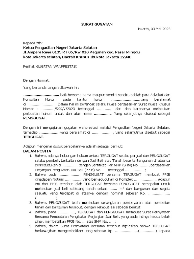 SURAT GUGATAN Draft Uncomplete | PDF