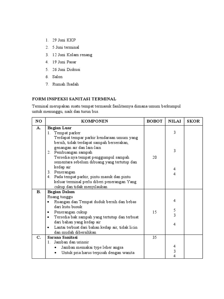 Form Inspeksi Sanitasi Terminal | PDF