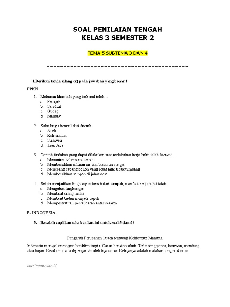 SOAL PTS KELAS 3 (Tema 5 Sub 3 4) - Kamimadrasah | PDF