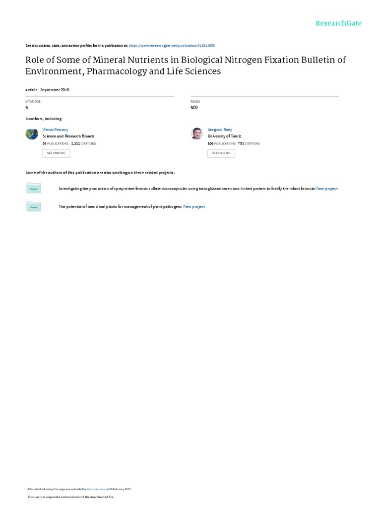 Role of Some of Mineral Nutrients in Biological Nitrogen Fixation Bulletin of PDF | Download ...