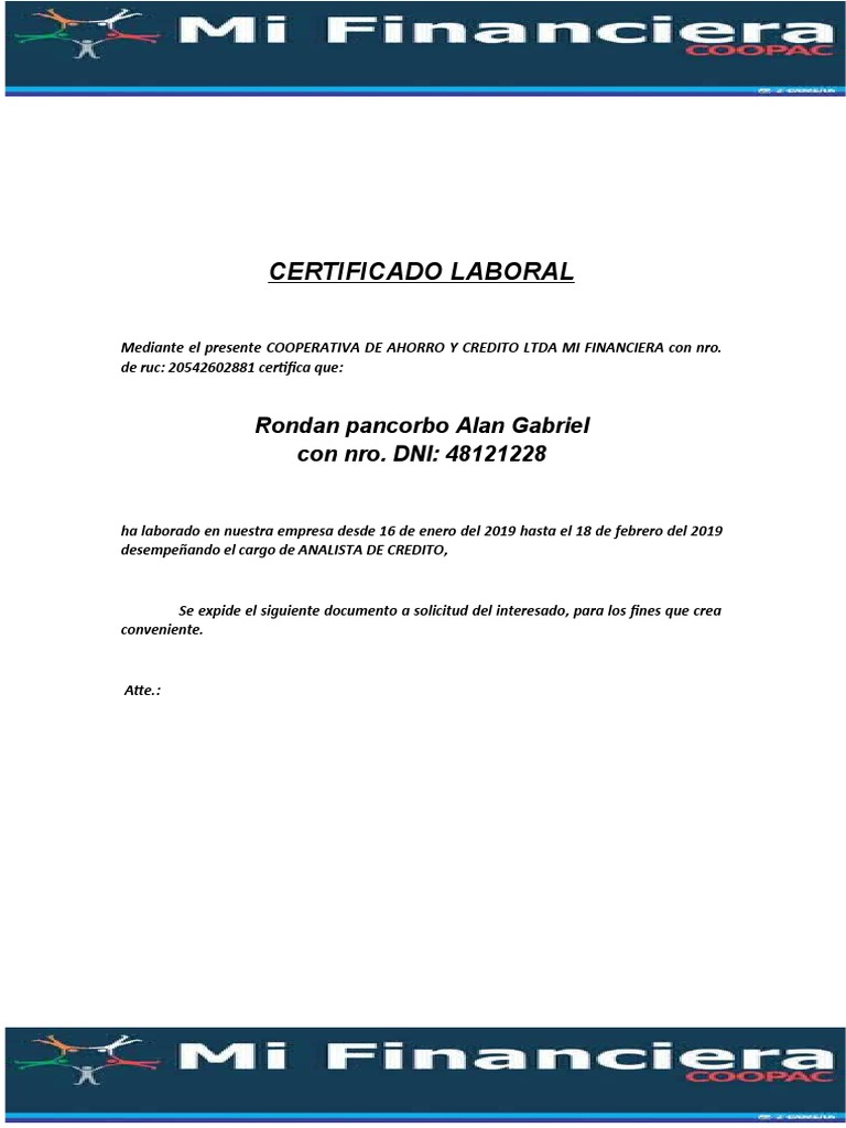 Certificado Laboral de Alan Gabriel | PDF | Finanzas y dinero