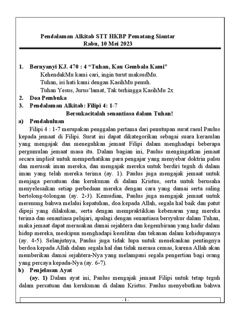 Pendalaman Alkitab STT HKBP Pematang Siantar 10 Mei 2023 | PDF