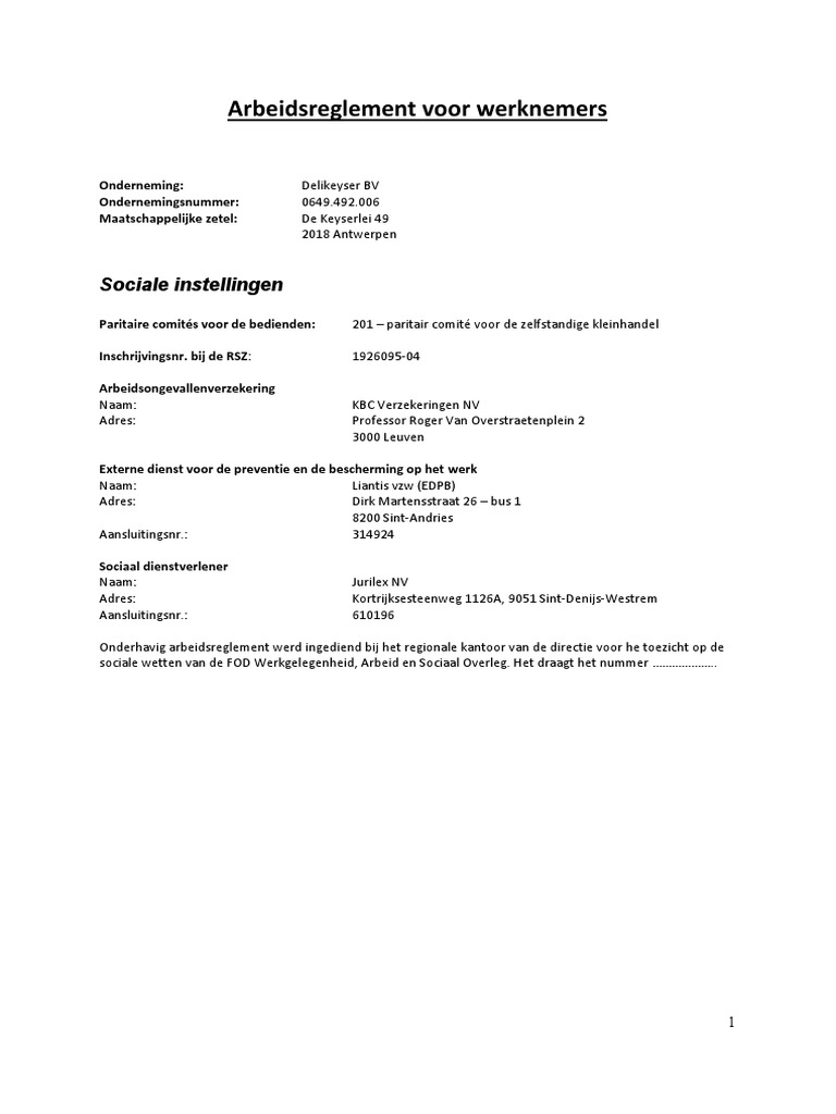Arbeidsreglement Delikeyser BV | PDF