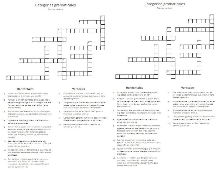 Crucigrama Categorias Gramaticales | PDF