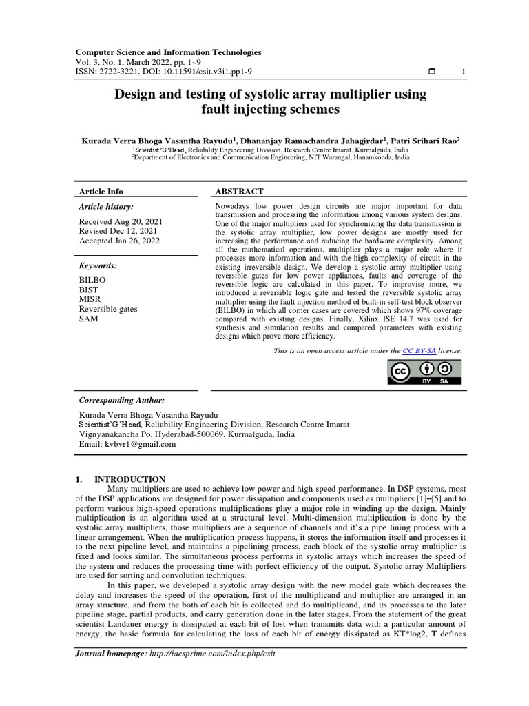 Design and Testing of Systolic Array Multiplier Using Fault Injecting ...
