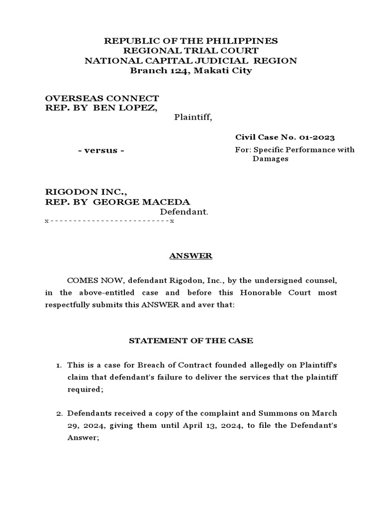 Balindan Pamela - Answer Breach of Contract | PDF | Lawsuit | Complaint