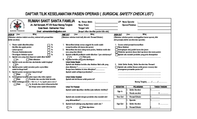 Daftar Tilik Keselamatan Pasien Operasi (Surgical Safety Check List ) | PDF