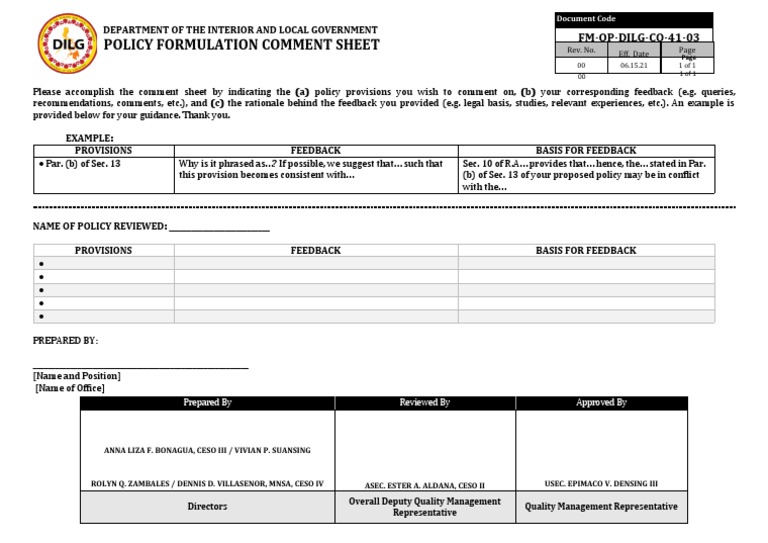 Policy Formulation Comment Sheet | PDF