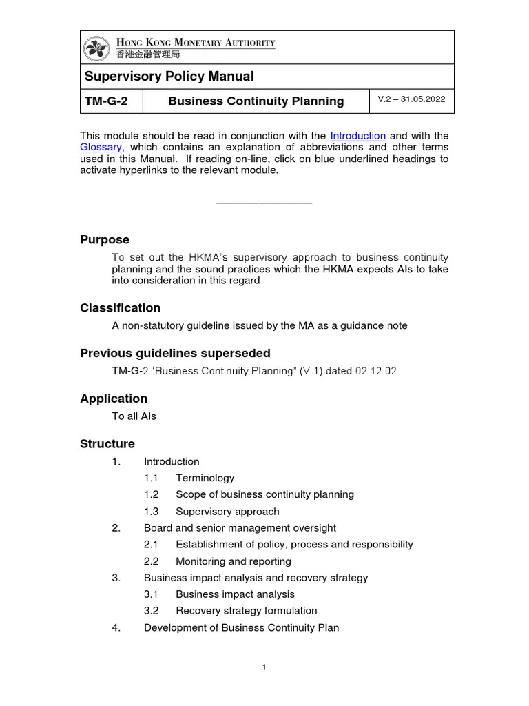 HKMA TM-G-2: Business Continuity Planning | PDF | Crisis Management ...