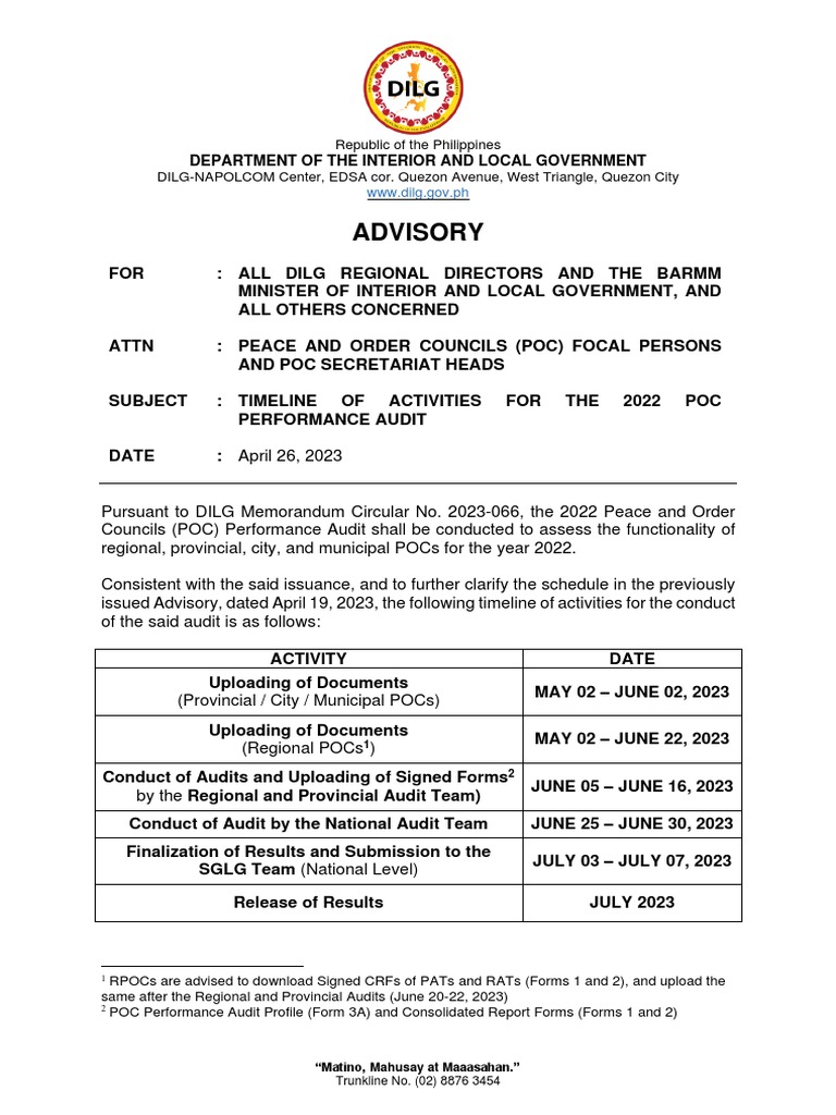 Advisory Timeline and Submission of Forms POC Audit 2022 PDF | PDF | Philippines | Government