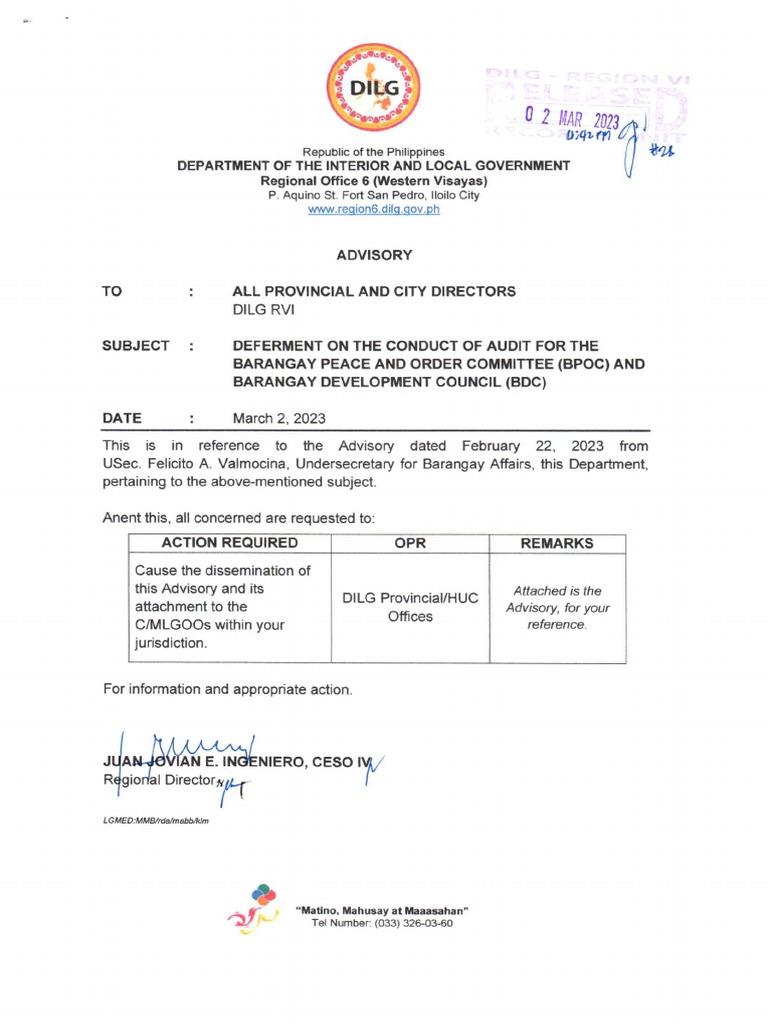 ADVISORY-DEFERMENT ON THE CONDUCT OF AUDIT FOR THE BARANGAY PEACE AND ...