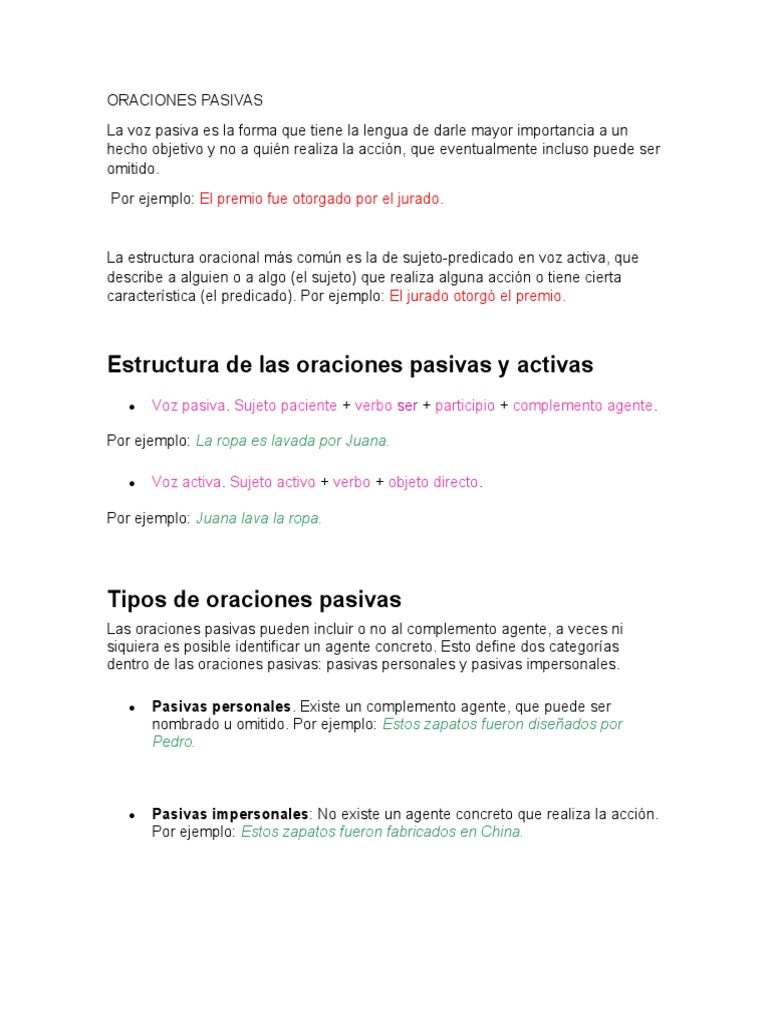 Guía Completa de Oraciones Pasivas | PDF | Asunto (gramática) | Verbo