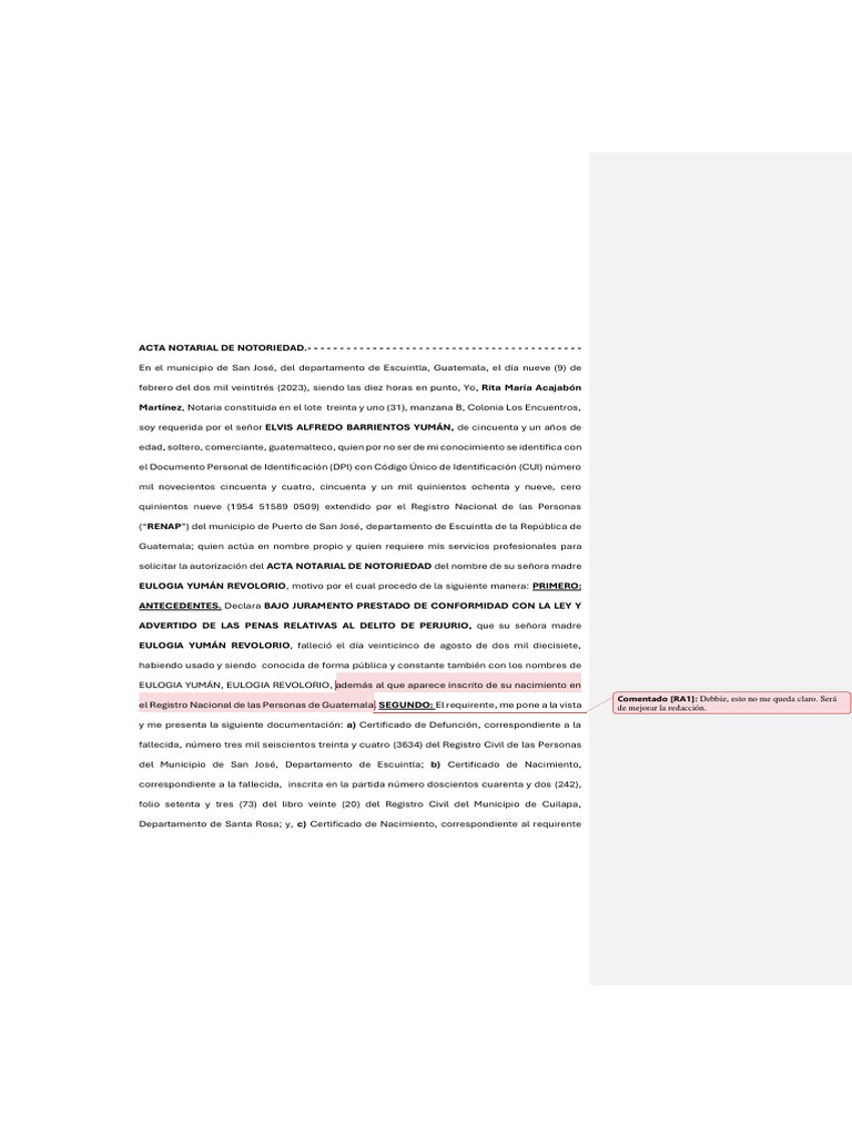 Acta Notoriedad Eulogia Yumán Rev RA PDF | PDF | Guatemala