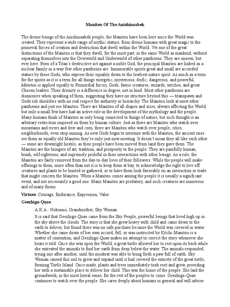 Manitou (Anishinaabek/Native American) Pantheon For Scion 1e | PDF ...