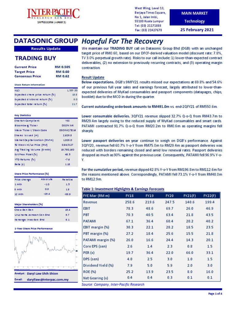 Datasonic 3QFY21 Result Update PDF | PDF | Book Value | Financial Markets