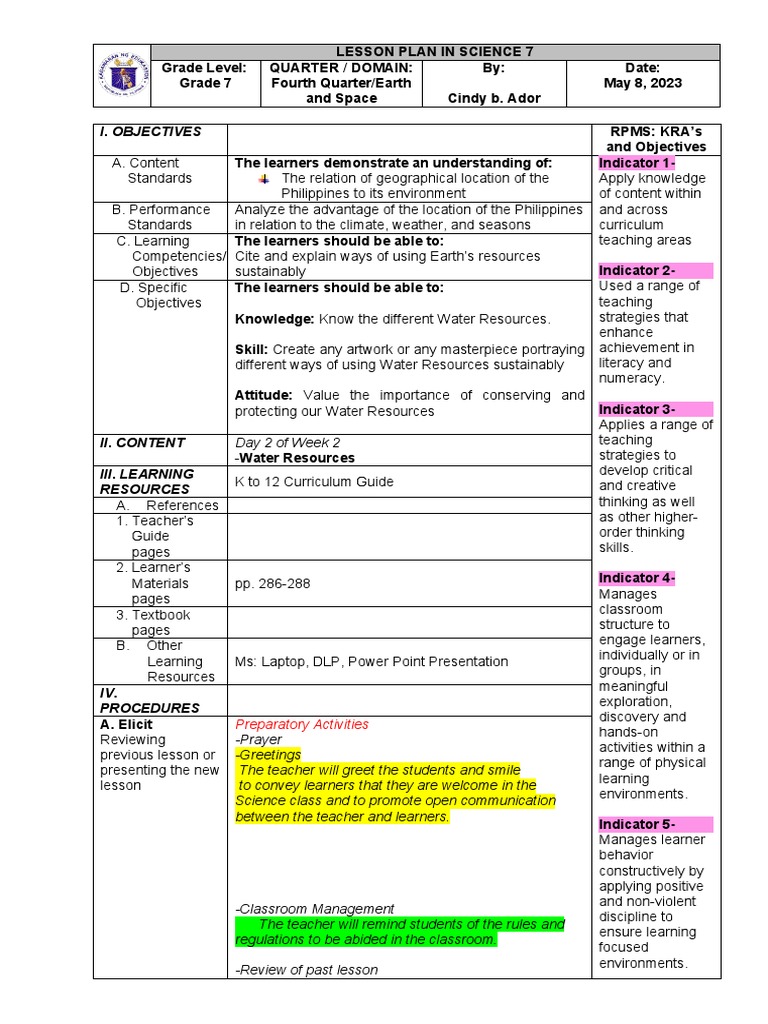 Grade 7 Science Lesson on Water Resources | PDF | Teachers | Learning