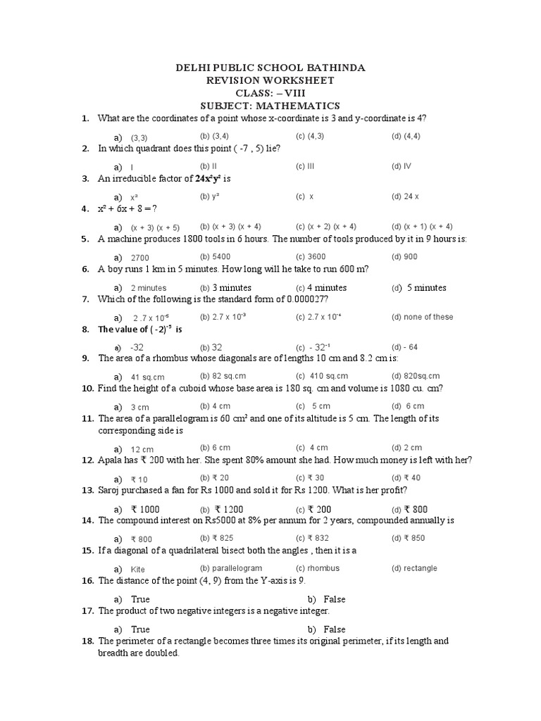 Revision Worksheet Class 8 Maths 22 23 | PDF | Rectangle | Area