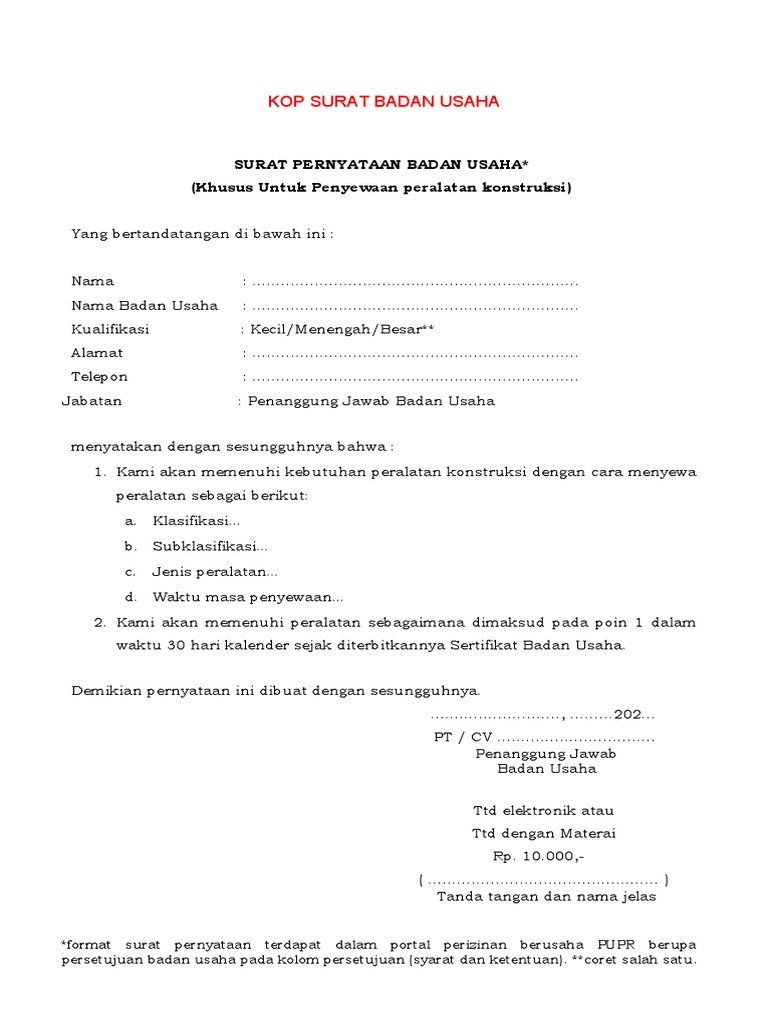 Surat Pernyataan BU Penyewaan Peralatan | PDF