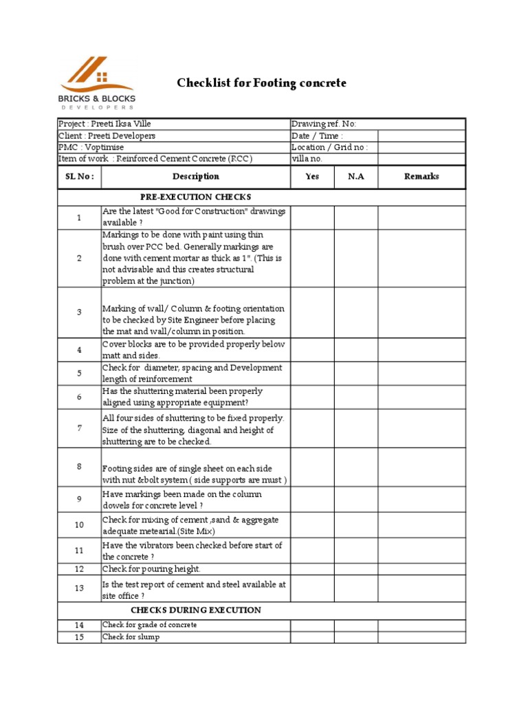 Footing - Checklist | PDF | Concrete | Civil Engineering